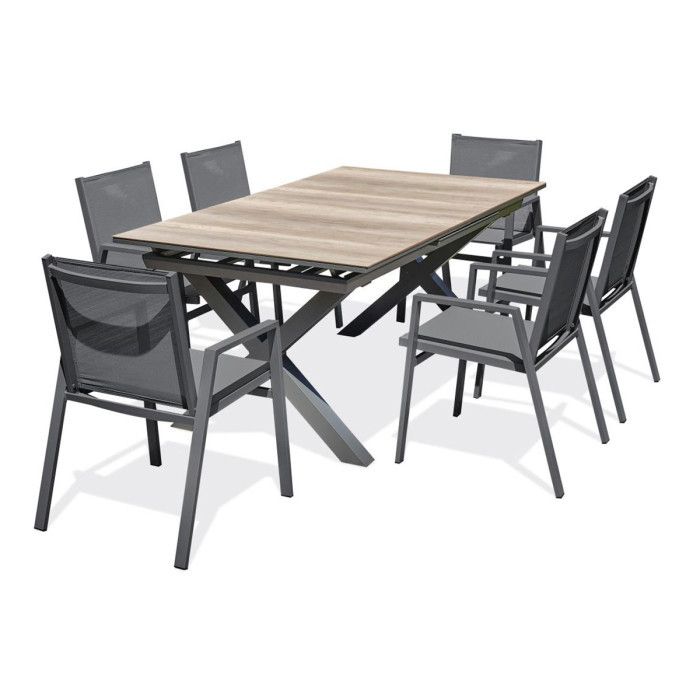 Ensemble repas de jardin 6 places en aluminium gris anthracite et plateau HPL imitation bois ...