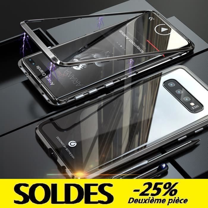 Magnétique Coque Pour Galaxy S10 Plus Noir Aluminium Métal Bumper Verre ...