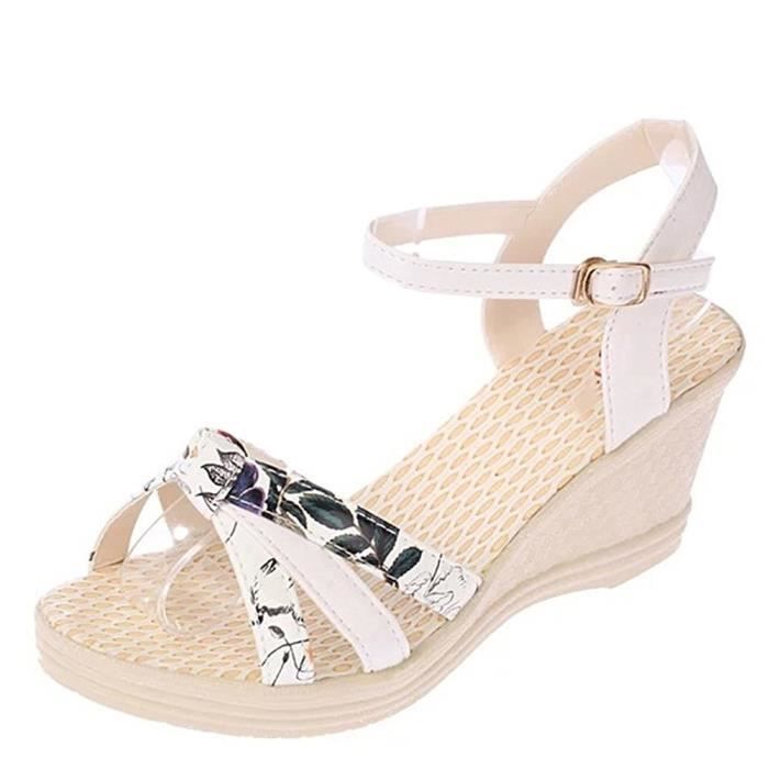 Minetom Femme Eté Fleur Impression Sandales Compensé Mode Multi-bride ...