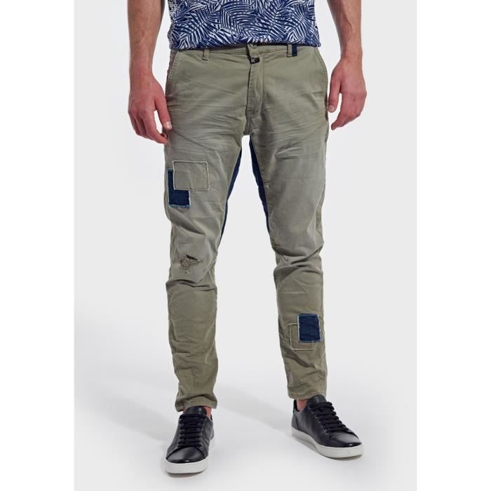 Jean kaki avec empiècements denim brut, coupe relaxed cropped KARLO ...