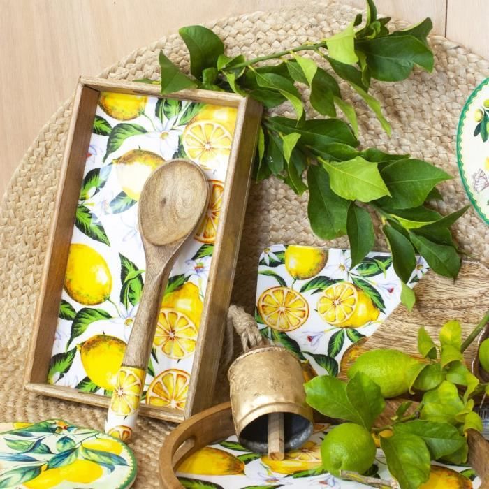 Plateau de service rectangulaire citrons, avec poignées, bois, 38 x 23 ...