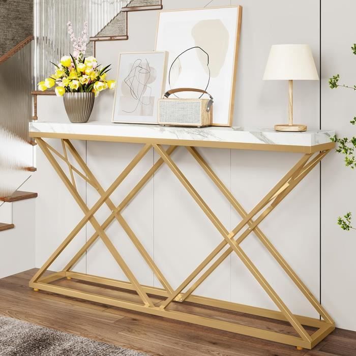 Table Console dorée de 140 cm, Table d'entrée Moderne avec Pieds en ... Table Console dorée de 140 cm, Table d'entrée Moderne avec Pieds en ...