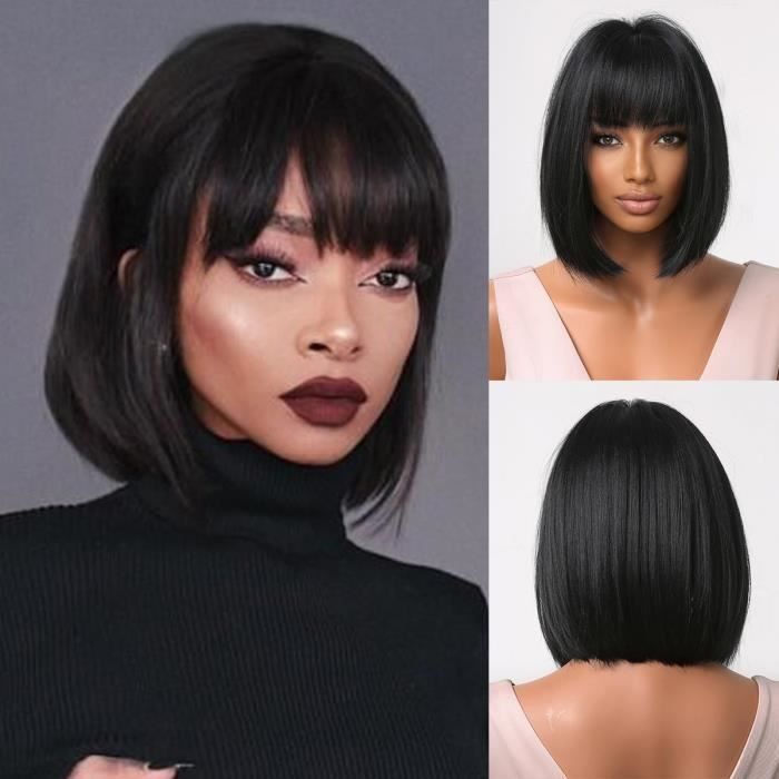 Femmes Perruque Noire Courte Bob Perruque Avec Frange Cheveux Raides Perruques Synthétiques ...
