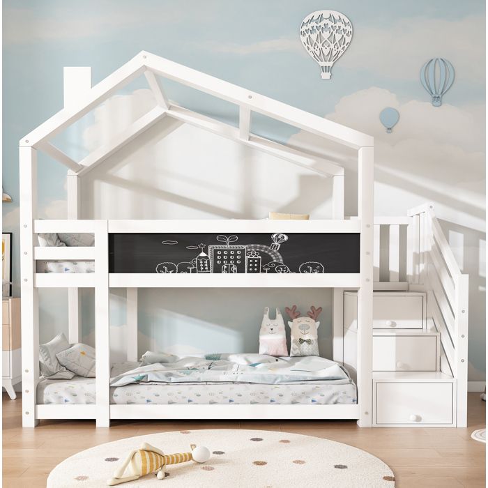 Lit superposé cabane 90x200 cm lit enfant avec rangements, tableau et ...