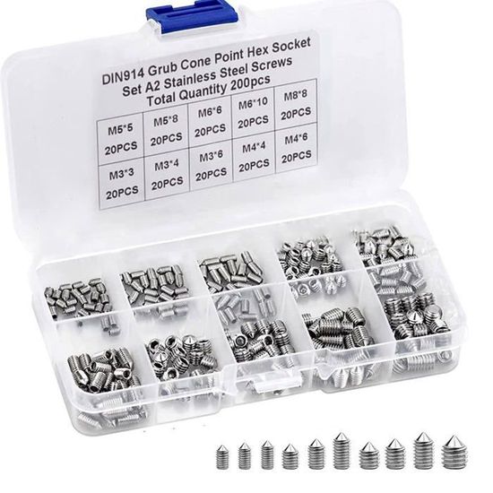 200 Pièces Vis Sans Tête Vis Sans Tête Hexagonale M3 M4 M5 M6 M8 Allen Vis Pointeau en Acier ...