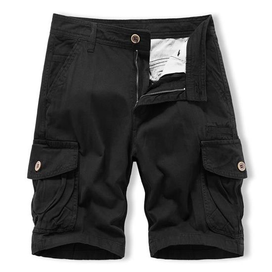 Short Cargo Multipoches Homme Coupe Droite Casual en Coton Couleur Unie ...