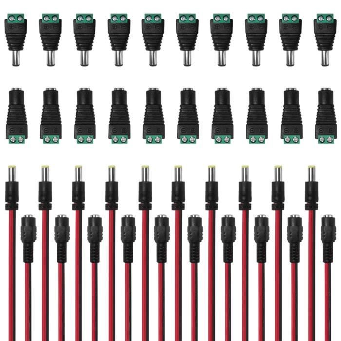 Connecteur de câble DC 5,5 mm x 2,1 mm (10 x mâles + 10 x femelles), et 10 pièces mâles et 10 ...