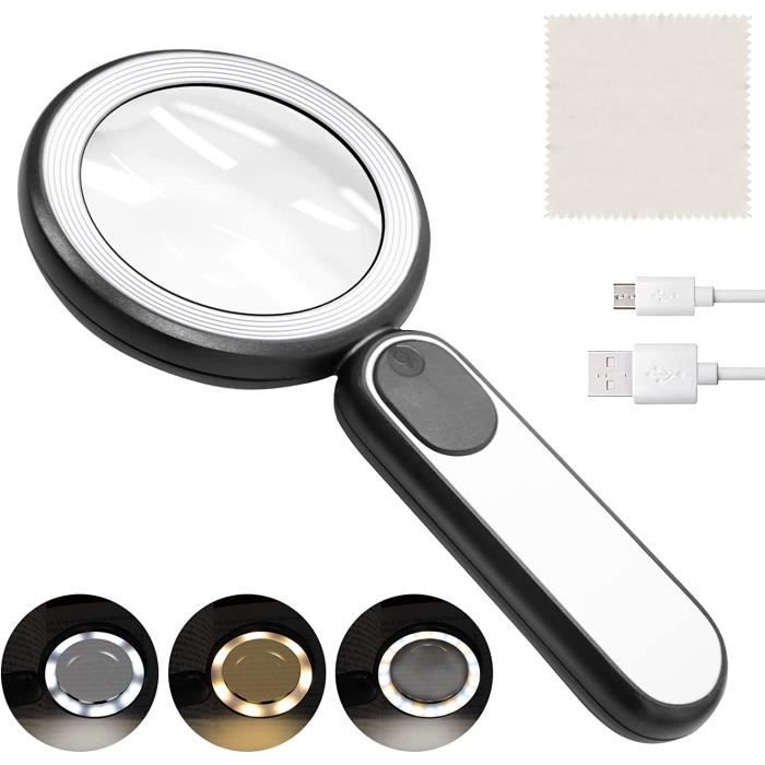 Loupe avec lumière, 21 LED, grande loupe de lecture pour personnes âgées avec 3 modes d ...