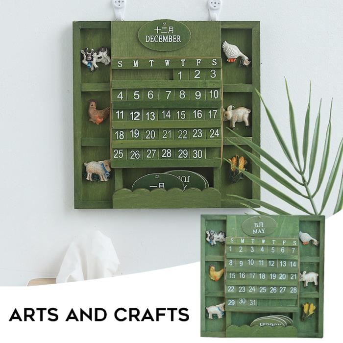 Calendrier mural en bois avec Bilingue, calendrier perpétuel carré ...