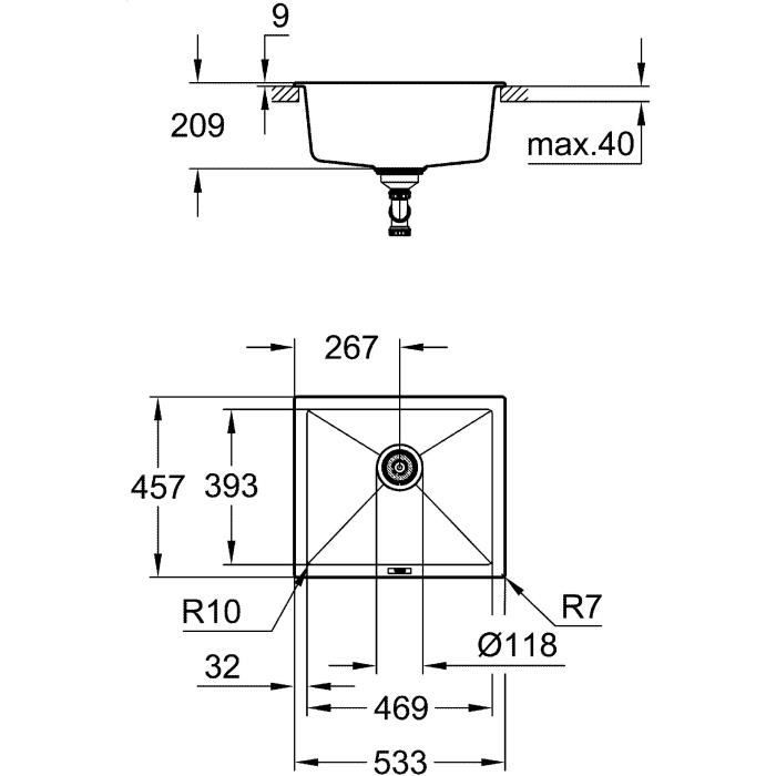 GROHE Evier composite K700U 533 x 457 mm Gris granite 31654AT0 ...