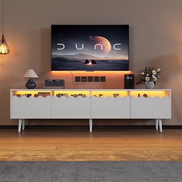 Meuble TV Blanc avec LED, Meuble Tele avec Rangement, Tiroirs et Portes ...