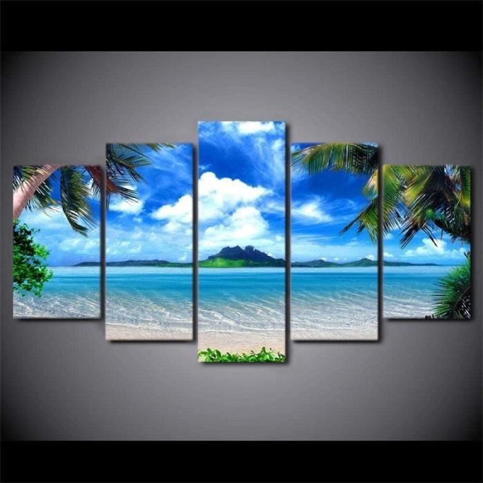 5 Parties Tableau Toile Tableau Tableaux Palmiers Ciel Bleu Nuages ...