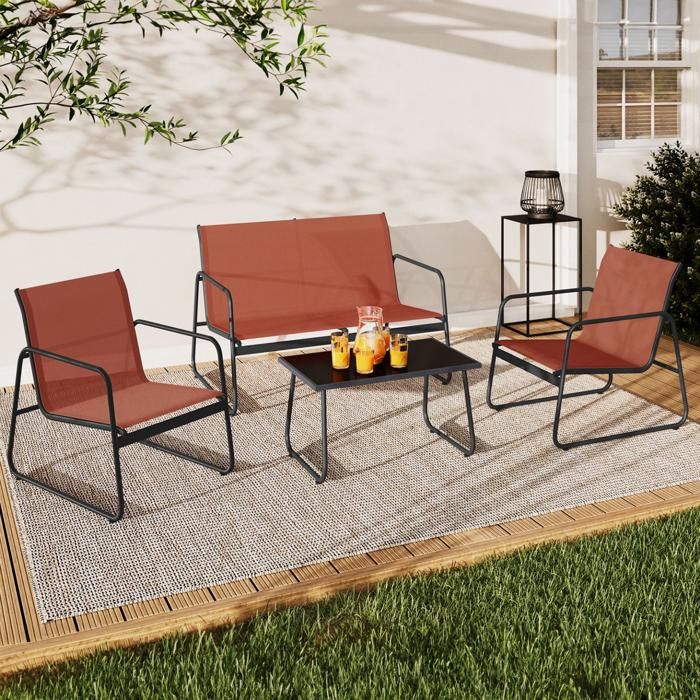 IDMARKET Salon de jardin bas MALAGA 4 places avec canapé, fauteuils et ...