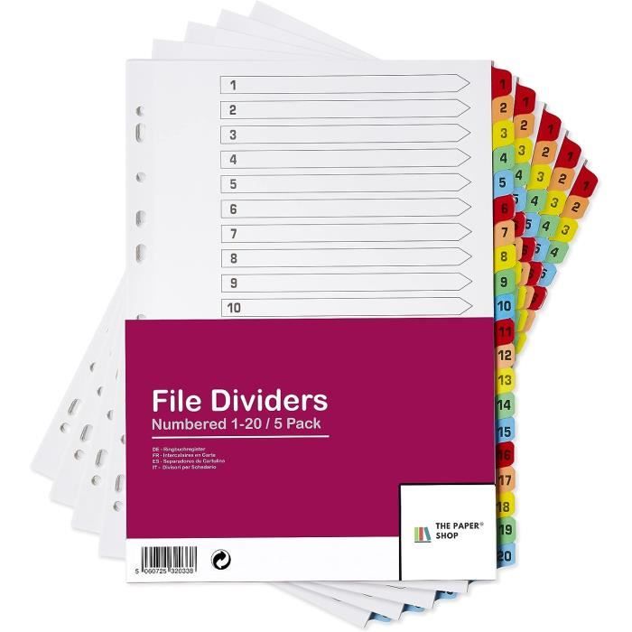 [Lot de 5] Intercalaires Classeur A4 20 Onglets numérotées 1-20 ...