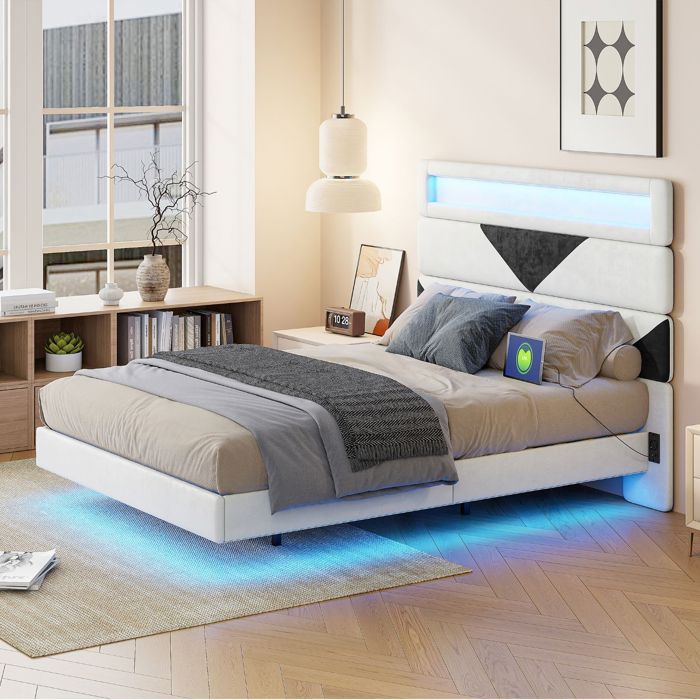 Lit 140x190 cm, tête de lit triangulaire, éclairage LED, port USB ...