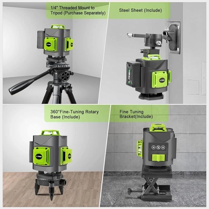Niveau Laser Vert 4 x 360°, Laser Chantier Horizontal Vertical 4D 16 ...