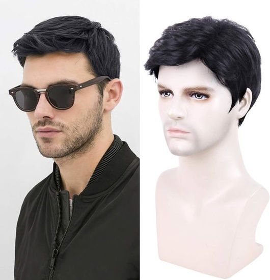 Noir Perruque Synthétique Courte Noire pour Hommes, Postiche Naturelle ...