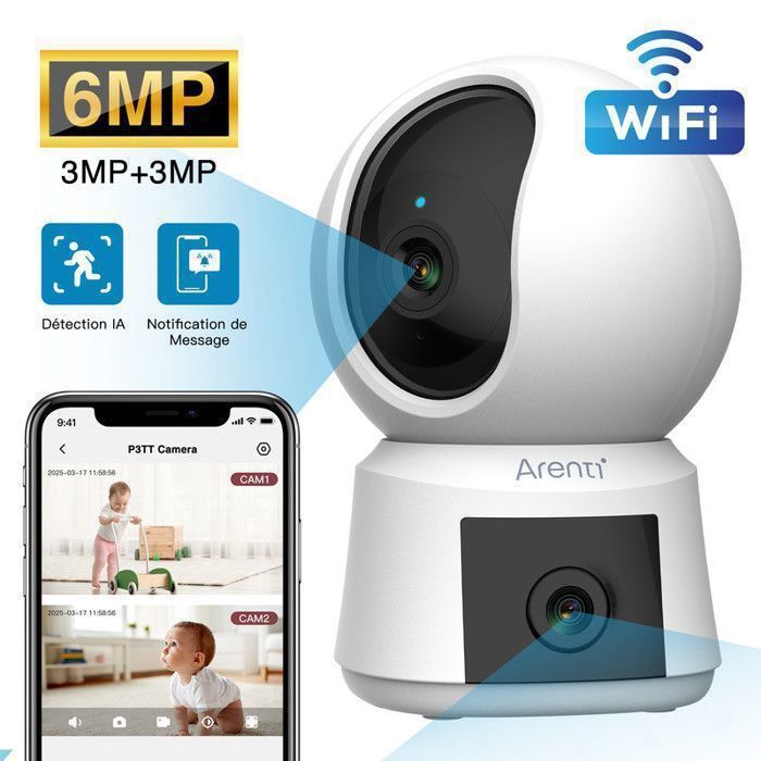 Arenti Caméra Double Objectif, Caméra Surveillance WiFi intérieure 360 ...