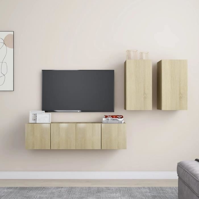 BEST-MEUBLE* Ensemble de Meuble TV fixé au mur 4 pcs - Meuble stéréo ...