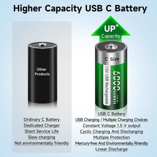 Palogreen Piles C Rechargeables USB 6000mWh - 1,5 V-Lithium Piles Type ...