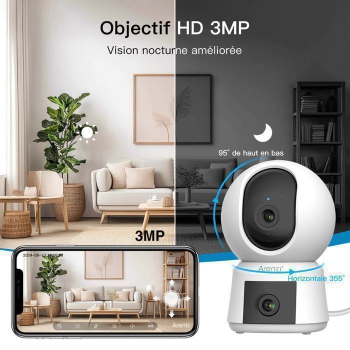 Arenti Caméra Double Objectif, Caméra Surveillance WiFi intérieure 360 ...