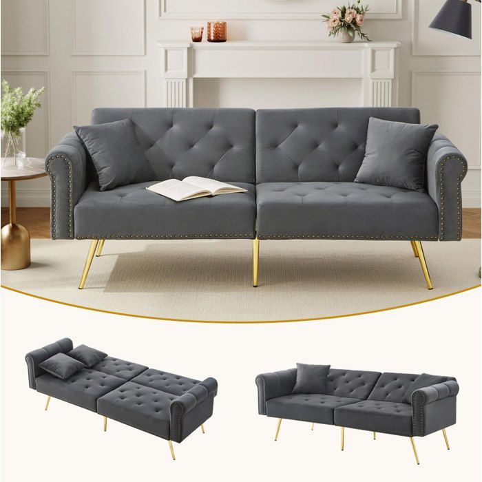 ELVORIN canape lit 2 places couchage 147 x 85 cm - velours gris ancien ...