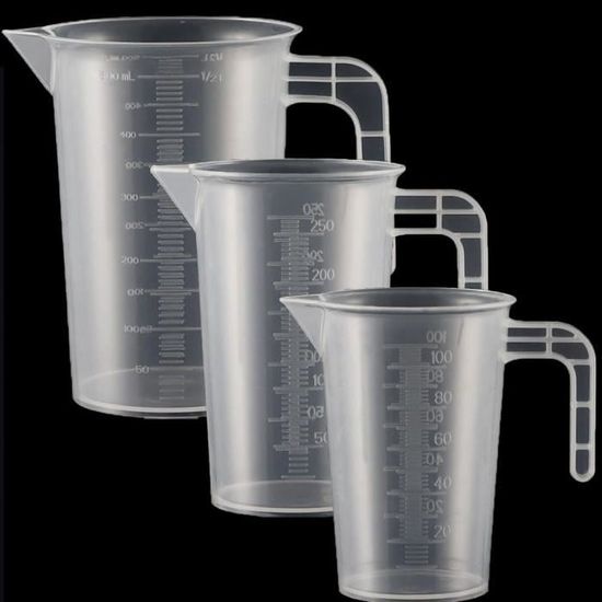 Lot De 3 Verres Doseurs En Plastique Avec Poignée Et Graduation De Gramme 100 + 250 + 500 Ml ...