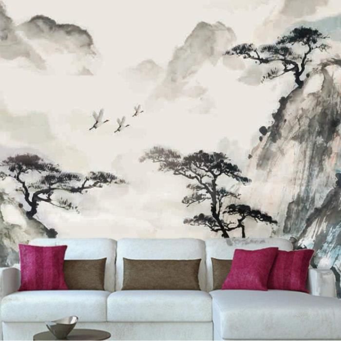 Papier Peint Mural Style Chinois Encre Paysage Pin Papier Peint Salon ...