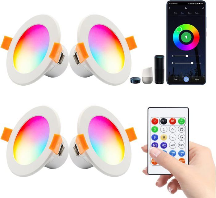 4 x Spot encastré LED WIFI, spot plafond LED WiFi 9W RGBW dimmable avec Télécommande, downlight ...