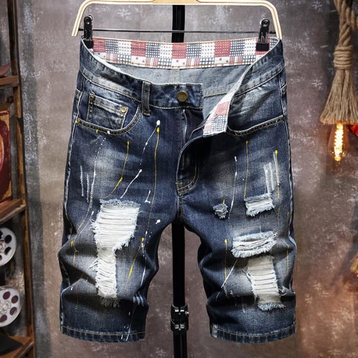Short,Jean déchiré avec graffitis pour hommes, court, Slim, grand trou ...