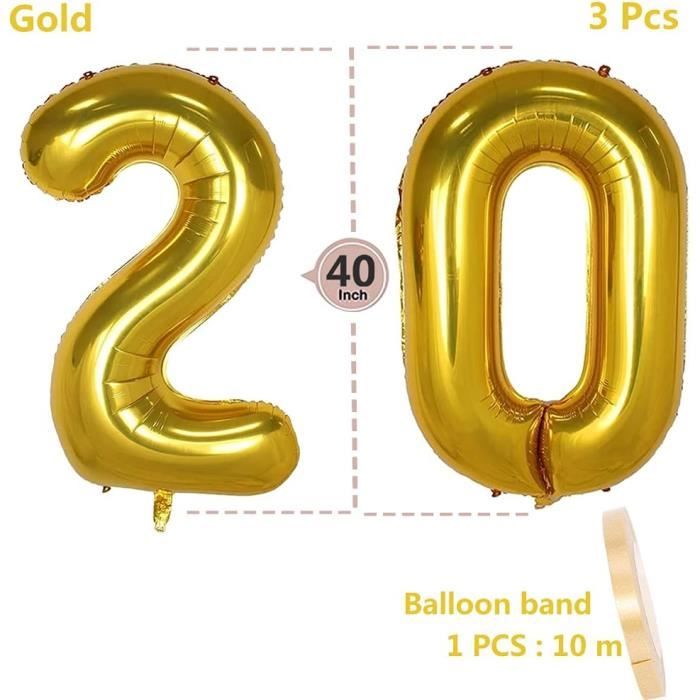 2 Ballons Numéro 20, Ballon 20 Ans Anniversaire Or Xxxl 100Cm Gold ...