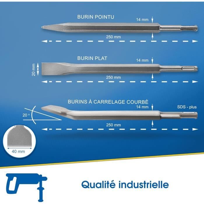 Set Burins Sds Plus Coffret 3 Pièces : Burin Large, Burin Plat, Burin ...