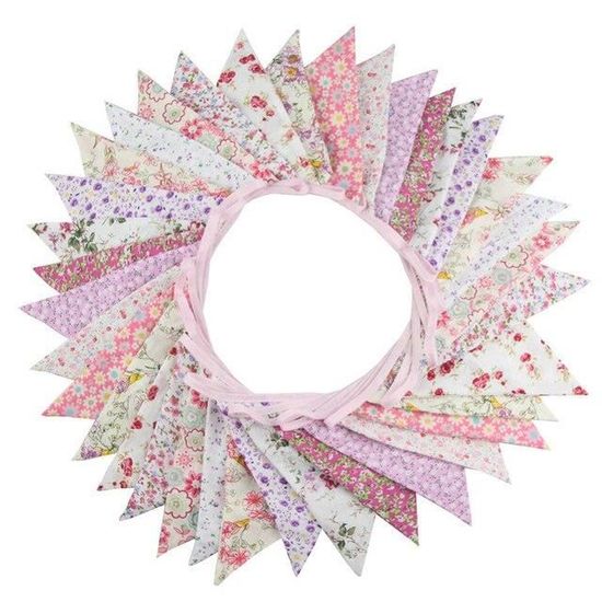 Rose - Banderoles en tissu coton, 36 drapeaux, fleurs colorées, 10m ...