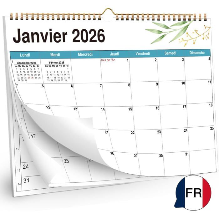 Calendrier mural 2026 format A4 21x28.7 cm 14 mois nov. 2025 à déc ...