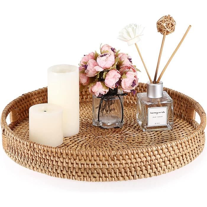 Sumnacon Plateau de service rond en rotin tissé - Plateau de rangement ...