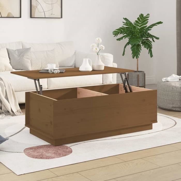Table basse - ZERODIS - Marron miel - Bois massif de pin - Design relevable - Grand espace de ...