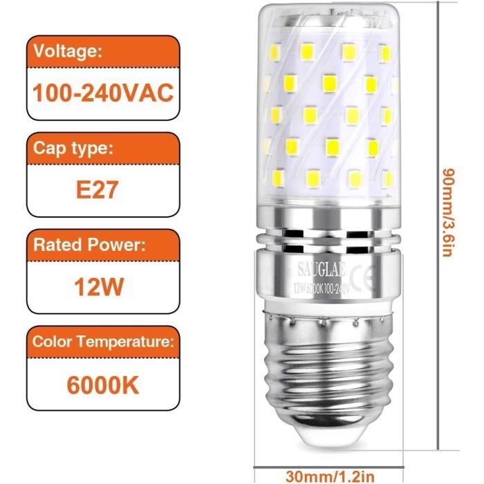 Led Ampoule À Maïs 12W, 100W Équivalent Ampoules À Incandescence, E27 Edison Vis, 6000K Blanc ...