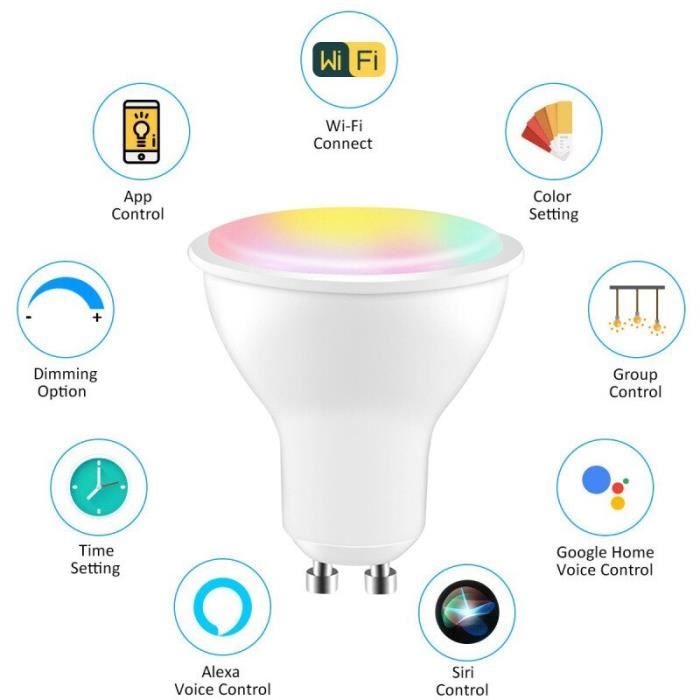 GU10 - Ampoule LED connectée, wi fi, RGBW 6W, GU10 GU5.3 E27 ...