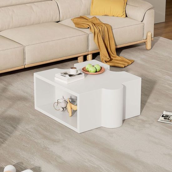 Table basse 65 cm, design puzzle unique blanc, structure MDF robuste ...