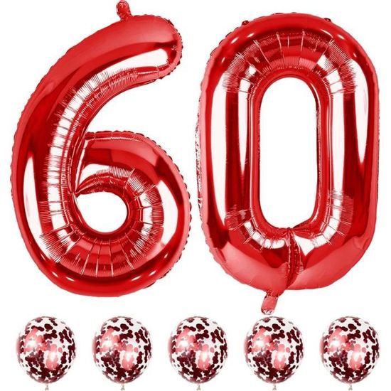 Ballons Rouges En Forme De Chiffre 60 Et Confettis Ballons En Mylar En ...