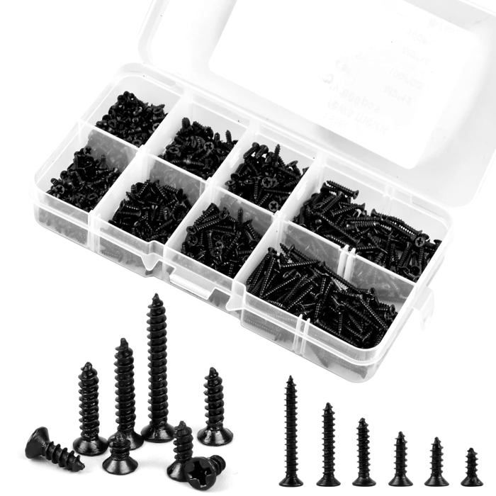 Lot De 800 Vis Auto-Taraudeuses M2 Noires En Acier Au Carbone-Petite Tête Plate-Vis À Tête ...