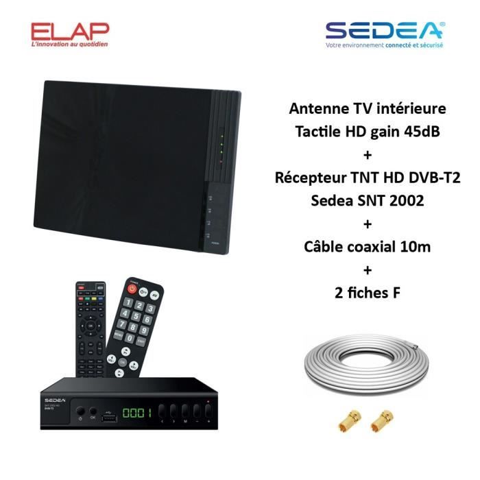 Antenne TV TNT Intérieure - ELAP - SNT 2002 - Gain 45dB - Récepteur TNT HD - Câble coax 10m ...