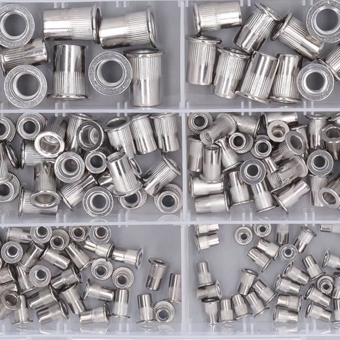 Crou à rivets à tête plate Kit D'écrous à Rivets en Acier Inoxydable 304, 180 écrous Filetés à ...