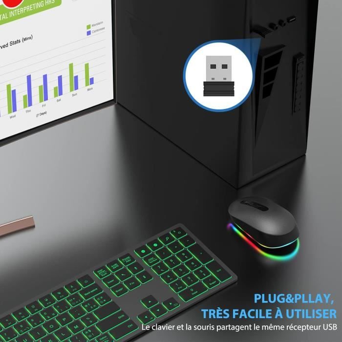 Ensemble Clavier Et Souris Sans Fil Rétroéclairés, 2.4Ghz, Rechargeable ...