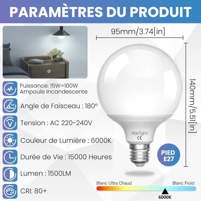 Ampoule Led Globe G95 15W,Grosse Lampe Led Edison E27,15W Équivalent À 100W,Blanc Froid 6000K ...
