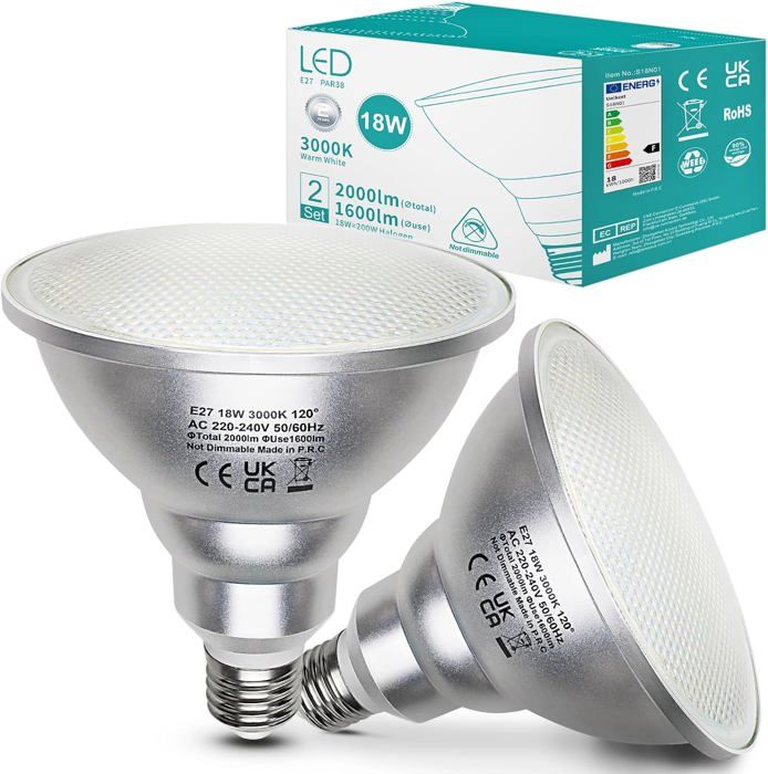 Lot de 2 ampoules LED 18W E27 Par38 Blanc Chaud 3000K Réflecteur Spot ...