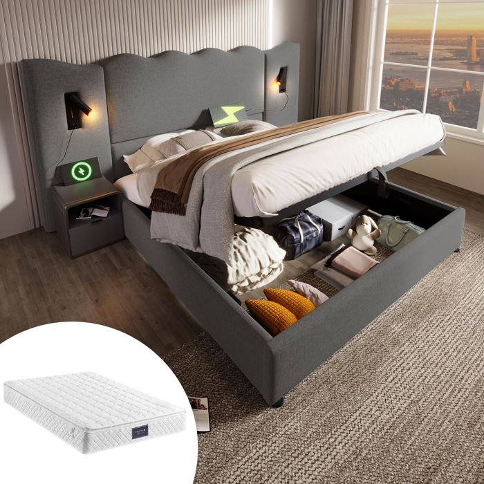 Lit double 160×200 avec lampe de lecture et fonction de recharge USB ...