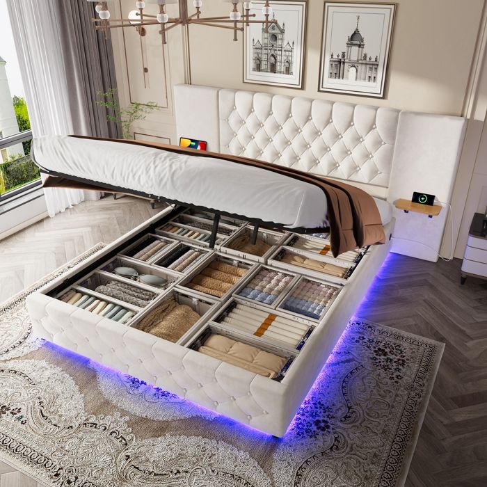 Lit double hydraulique 160x200 cm avec éclairage LED et ports USB ...