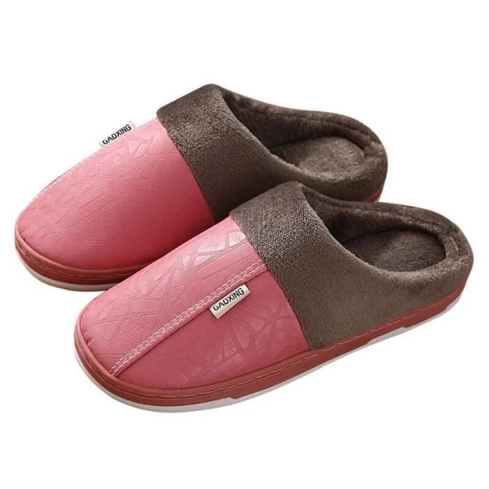 Chaussons d'intérieur - Pink1 - Cuir imperméable - Fourrure chaude ...