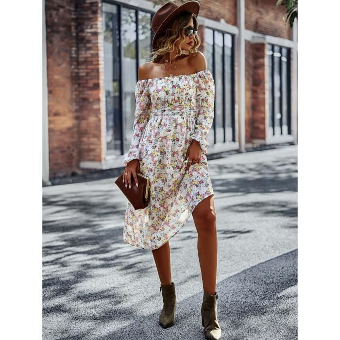 Robe femme INS chic Mode elegant Bohème Mousseline - Beige CHUANGNA ...